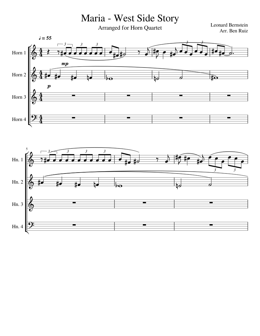 Maria from West Side Story for Horn Quartet Sheet music for French Horn ...