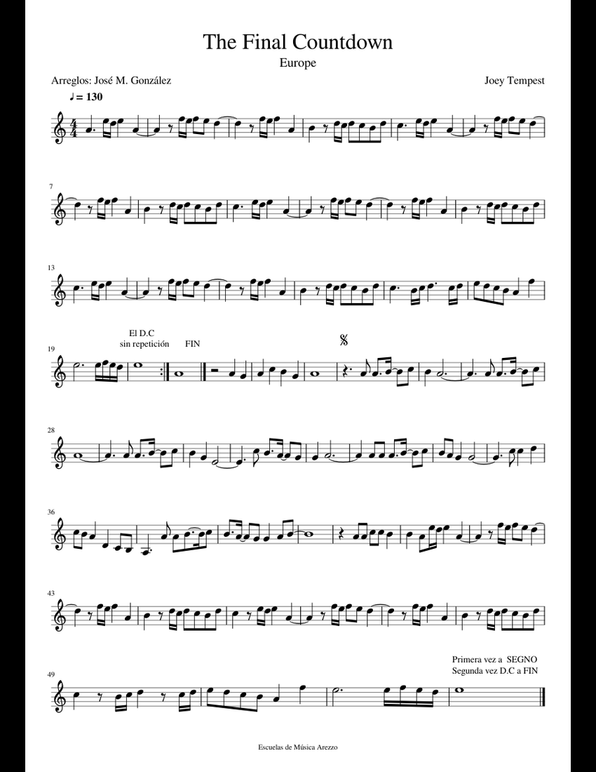 The Final Countdown sheet music for Piano download free in PDF or MIDI