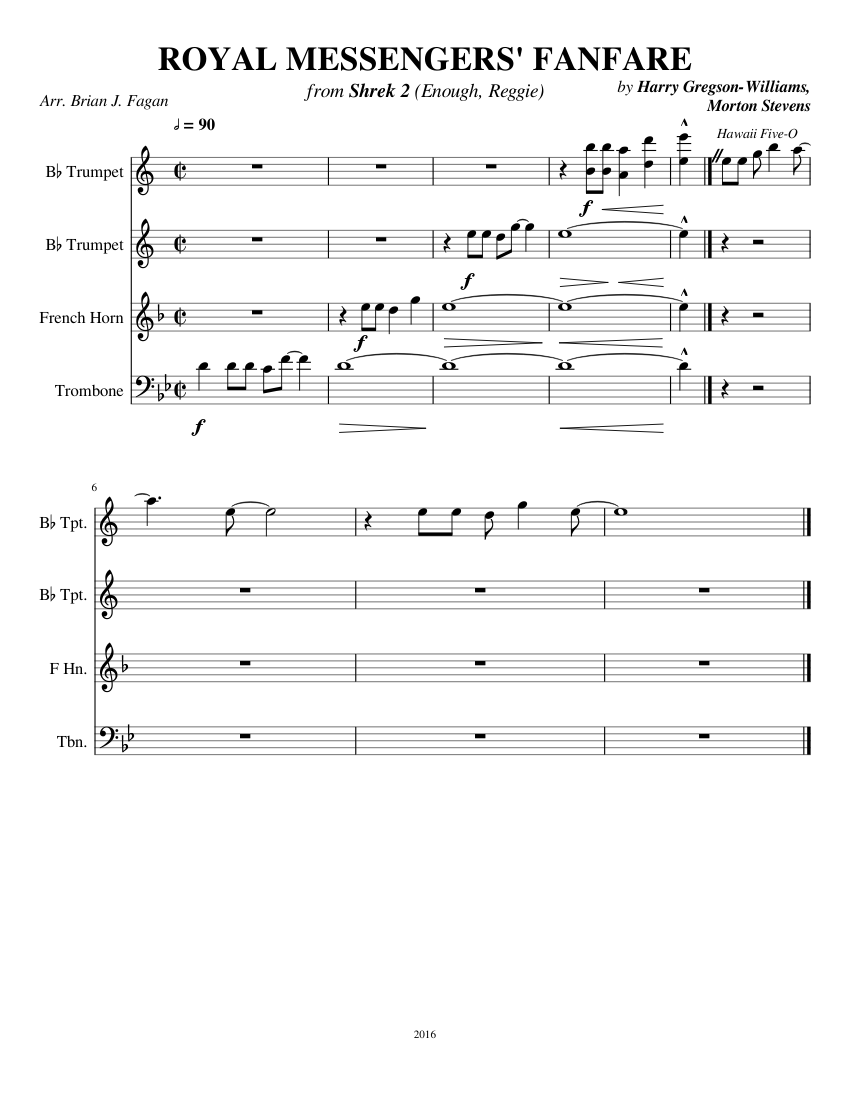 Brass Quartet: Shrek 2 Fanfare (Royal Messengers/Enough, Reggie) sheet ...