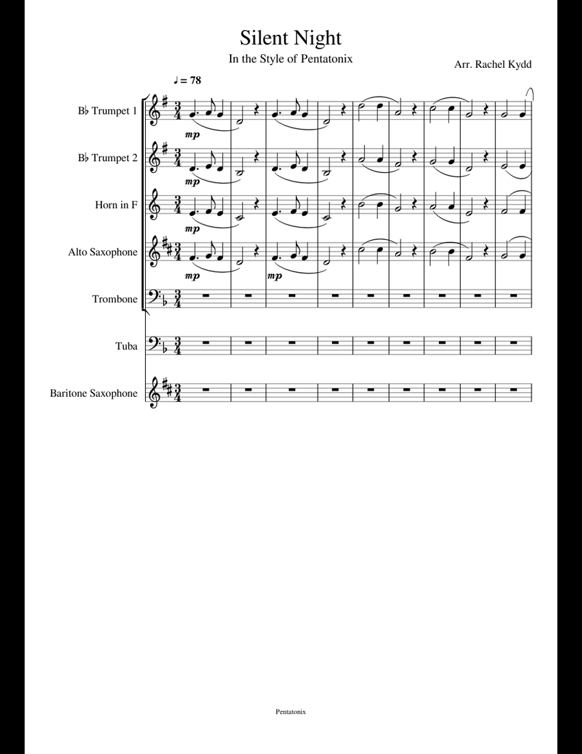 Silent Night sheet music for Trumpet, French Horn, Alto Saxophone ...