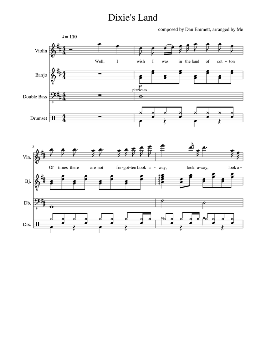 Dixie's Land Sheet music for Violin, Drum Group, Contrabass, Banjo ...