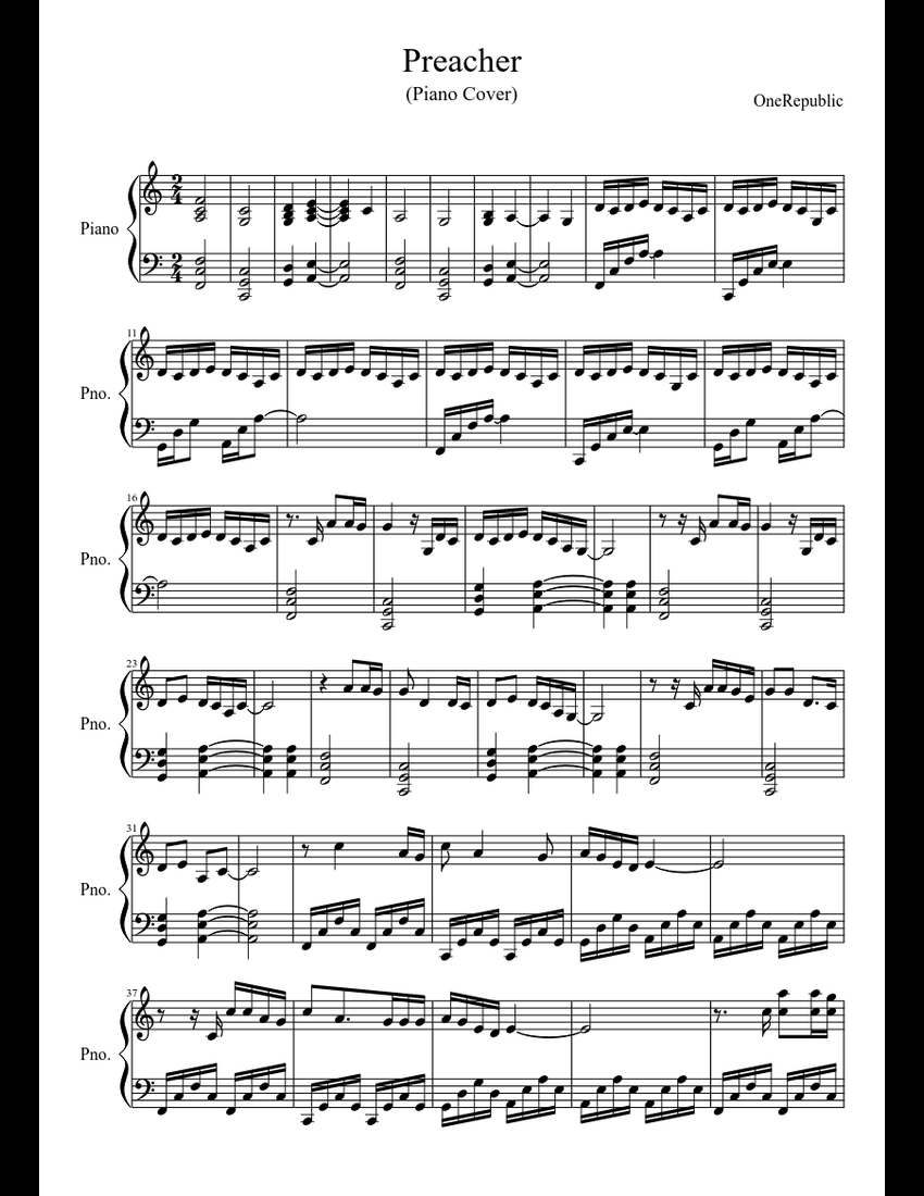 OneRepublic - Preacher sheet music for Piano download free in PDF or MIDI