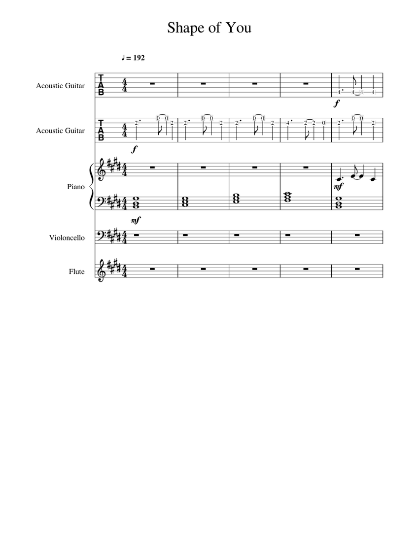 Ed Sheeran Shape of You sheet music for Piano, Violin, Flute, Bass ...