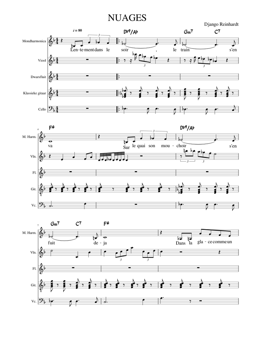 NUAGES Sheet music for Violin, Flute, Cello, Guitar & more instruments (Mixed Quintet ...