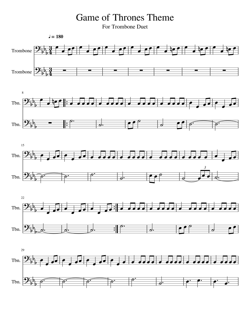 Game of Thrones Theme Song - For Trombone Duet sheet music for Trombone ...
