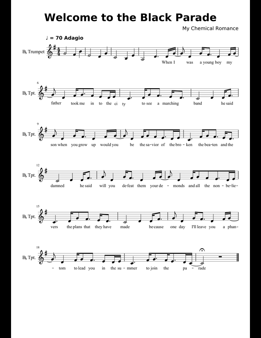 My Chemical Romance Welcome to the Black Parade - Trumpet Score sheet ...