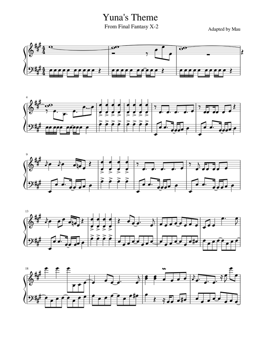Yuna's Theme - FFX-2 Sheet music for Piano | Download free in PDF or ...