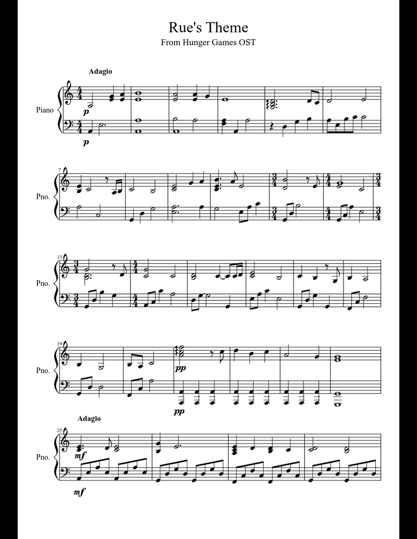 Rue's Theme (Solo Piano Cover) sheet music for Piano download free in ...