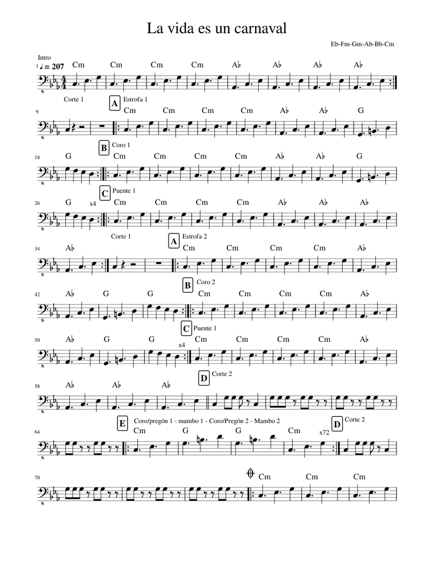 La vida es un carnaval by Celia Cruz (Bass) Sheet music for Bass ...
