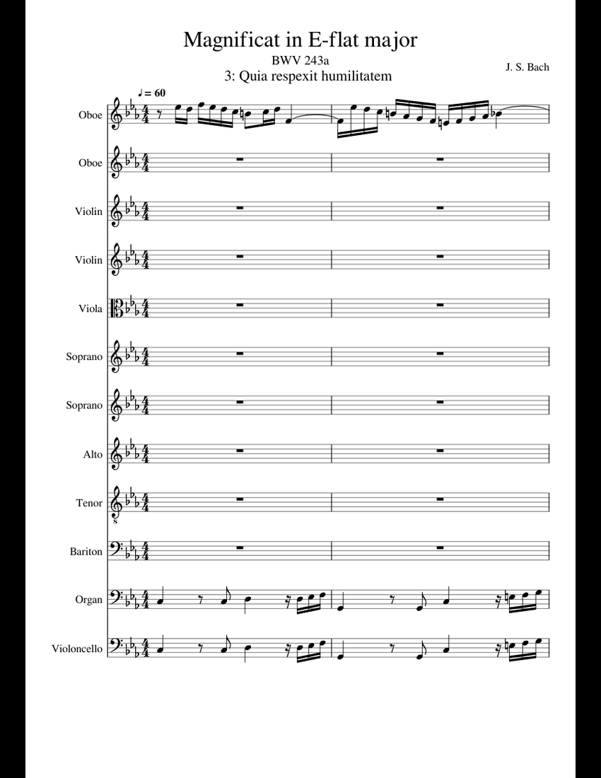 BWV 243a: Magnificat in E-flat major, 3 Quia respexit humilitatem + 4 Omnes generationes sheet ...