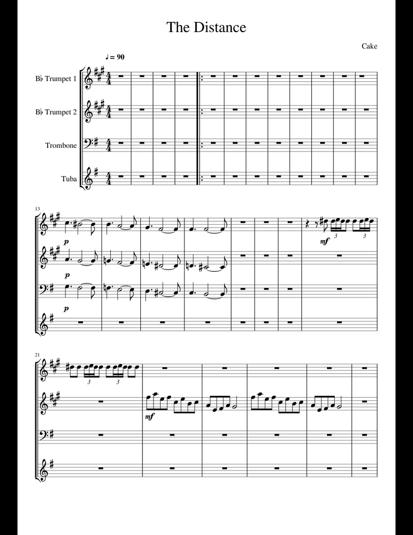 Cake - The Distance sheet music for Trumpet, Trombone, Tuba download ...