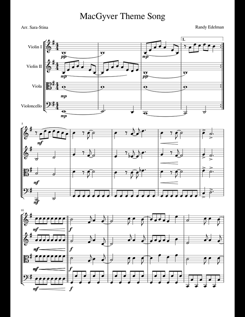 MacGyver Theme Song sheet music for Violin, Viola, Cello download free ...
