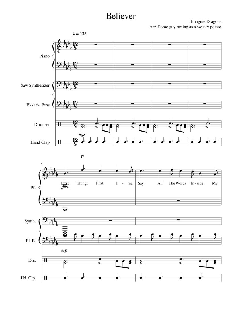 Believer Imagine Dragons Sheet music for Piano, Drum Group, Bass, Hand ...