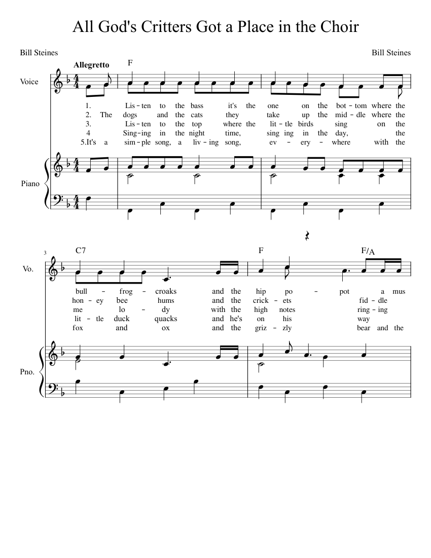 All God s Critters Got a Place in the Choir sheet music for Piano ...