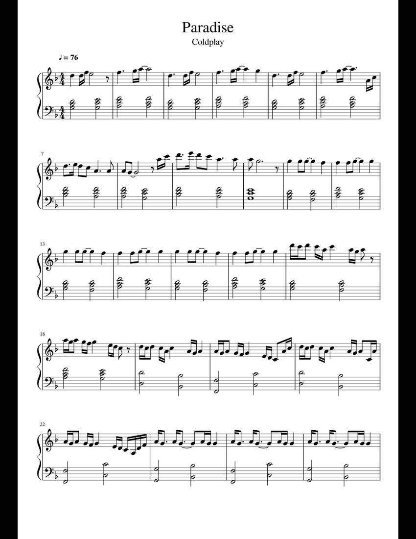Paradise - Coldplay sheet music for Piano download free in PDF or MIDI