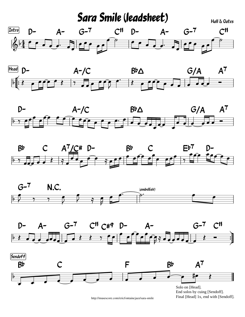 Sara Smile (Hall & Oates) leadsheet simplified Sheet music for Piano ...