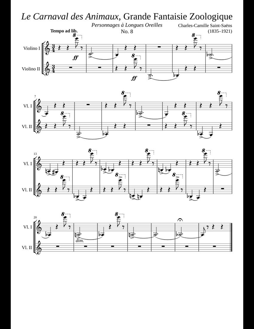 “Le Carnaval des Animaux” No. 8, “Personnages à Longues Oreilles” sheet ...