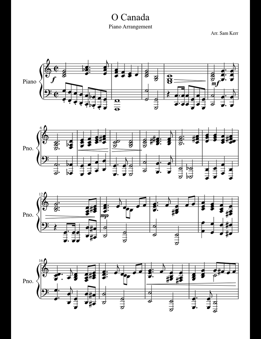 O Canada Piano Arrangement sheet music download free in PDF or MIDI