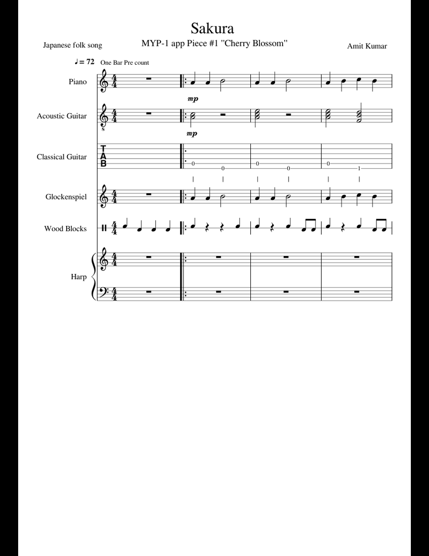 Sakura Sakura sheet music for Piano, Guitar, Percussion, Harp download free in PDF or MIDI