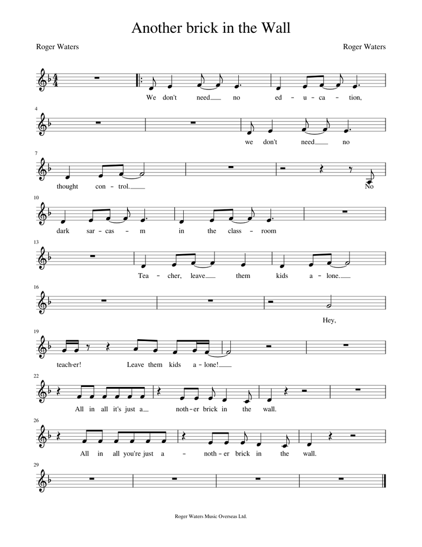 Another brick in the Wall Sheet music for Piano | Download free in PDF ...