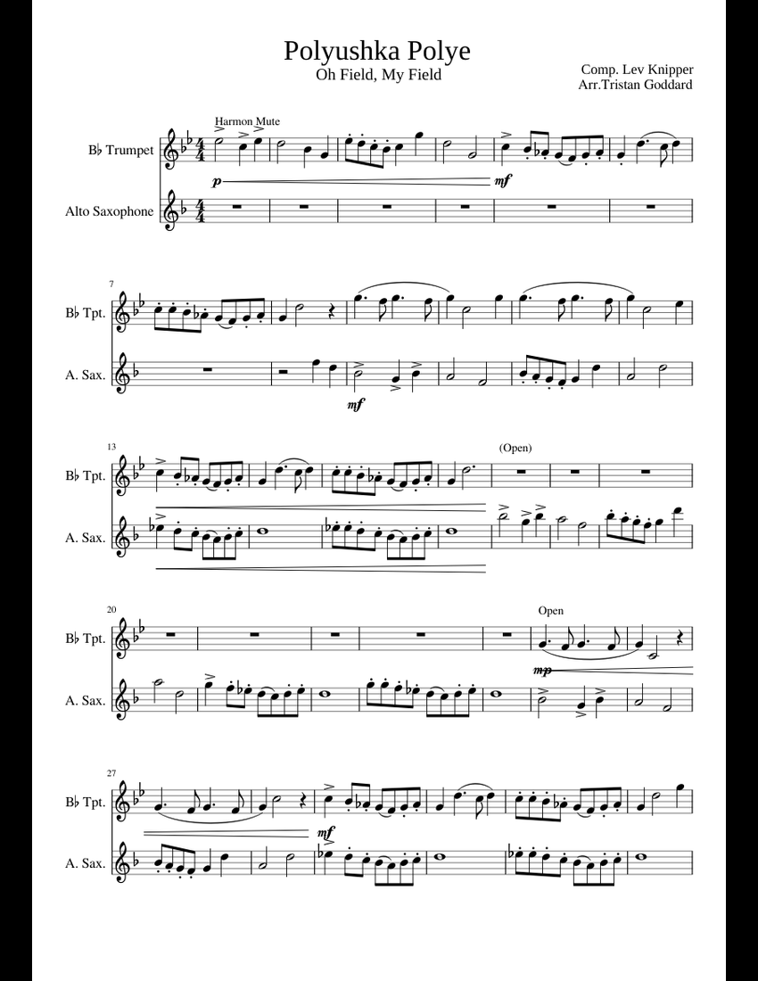 Polyushka Polye sheet music for Trumpet, Alto Saxophone download free ...