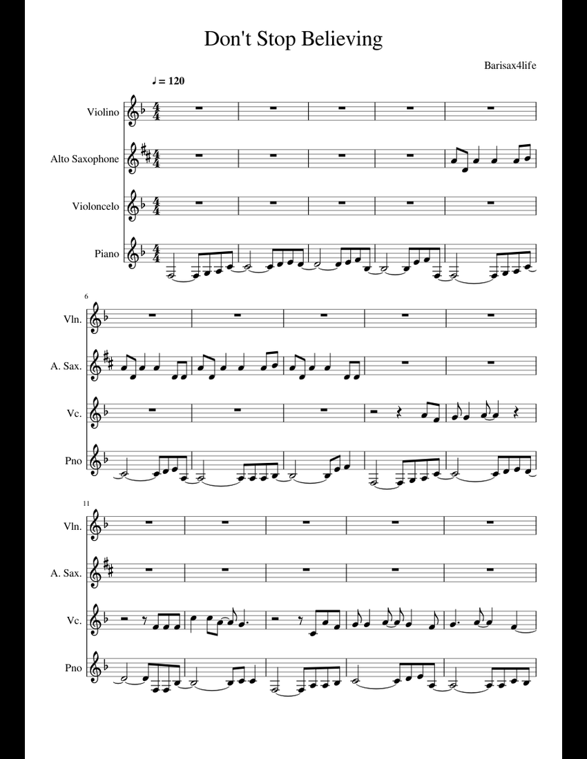 Dont Stop Believing Sheet Music For Violin Piano Alto Saxophone