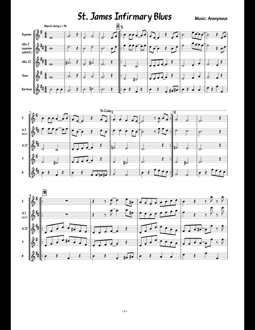 St. James Infirmary Blues sheet music for Soprano Saxophone, Alto Saxophone, Tenor Saxophone ...