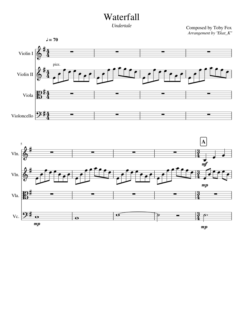 "Waterfall" String Quartet (Undertale OST) Sheet music for Violin ...
