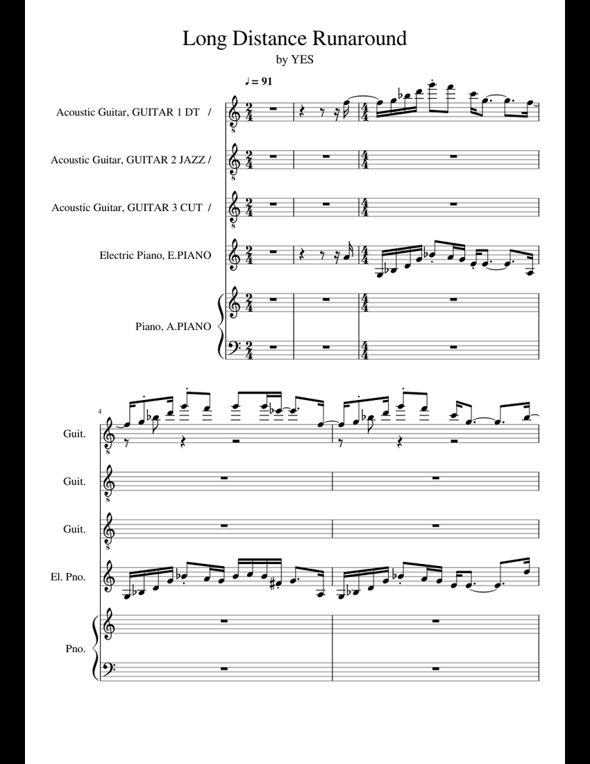 Long Distance Runaround sheet music for Piano, Guitar, Bass ...