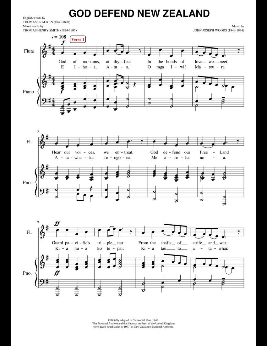 God Defend New Zealand sheet music for Flute, Piano download free in ...