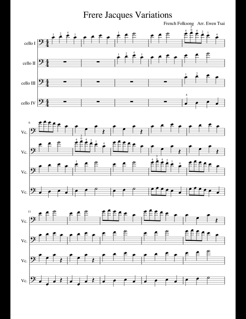Frere Jacques Variations Cello Quartet sheet music for Cello download ...