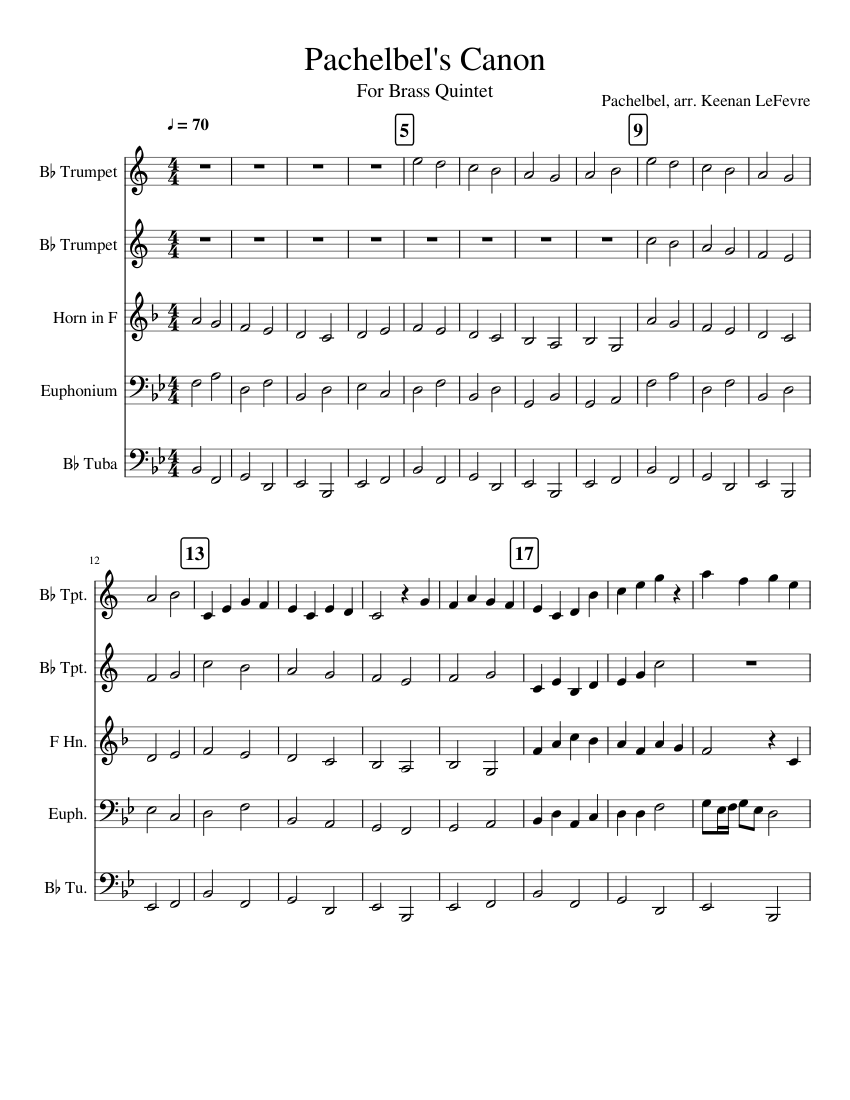 Pachelbel's Canon For Brass Quintet Sheet music for Trumpet (In B Flat ...