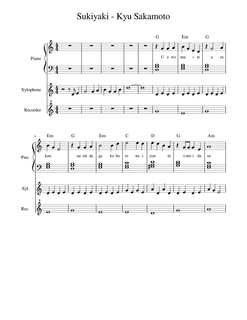 Ue o muite - Sukiyaki Song Sheet music for Piano, Percussion, Recorder ...