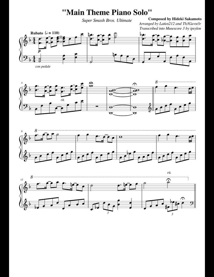 Super Smash Bros. Ultimate - Main Theme Piano Solo sheet music for ...