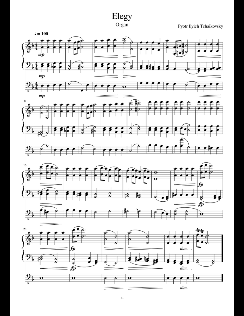 Elegy Tchaikovsky sheet music for Organ download free in PDF or MIDI