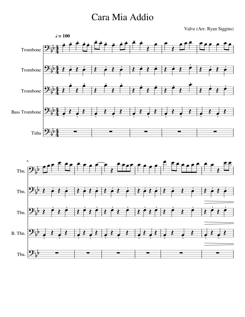 Cara Mia Addio (Trombones and Tuba) sheet music for Trombone, Tuba download free in PDF or MIDI