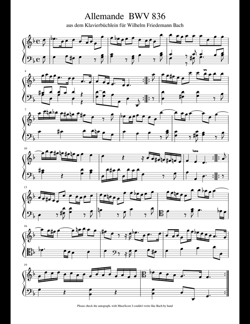 Allemande BWV 836 sheet music for Piano download free in PDF or MIDI