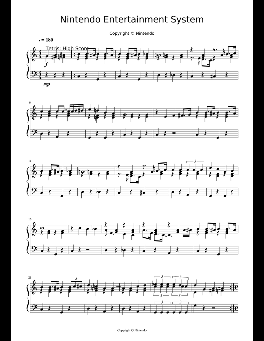 NES Game Songs sheet music for Piano download free in PDF or MIDI