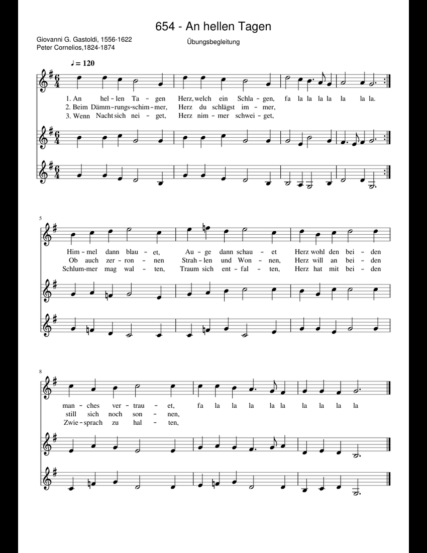 654 An hellen Tagen S-A-T sheet music for Piano download free in PDF or MIDI