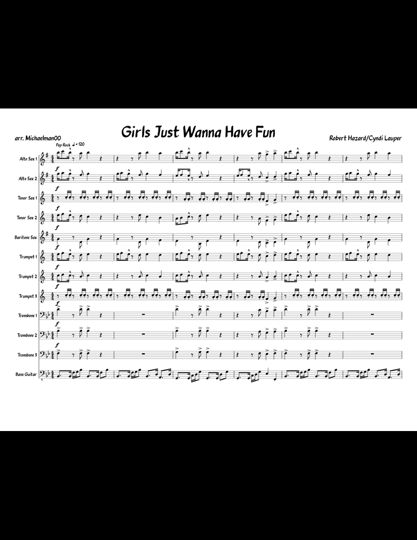 Girls Just Wanna Have Fun sheet music for Alto Saxophone, Tenor ...