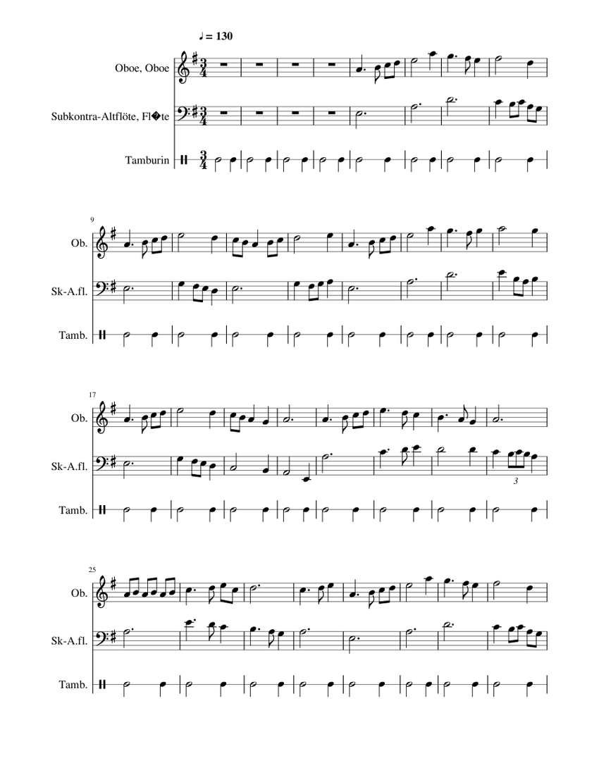 Duet Sheet music for Flute, Oboe, Tambourine (Mixed Trio) | Musescore.com