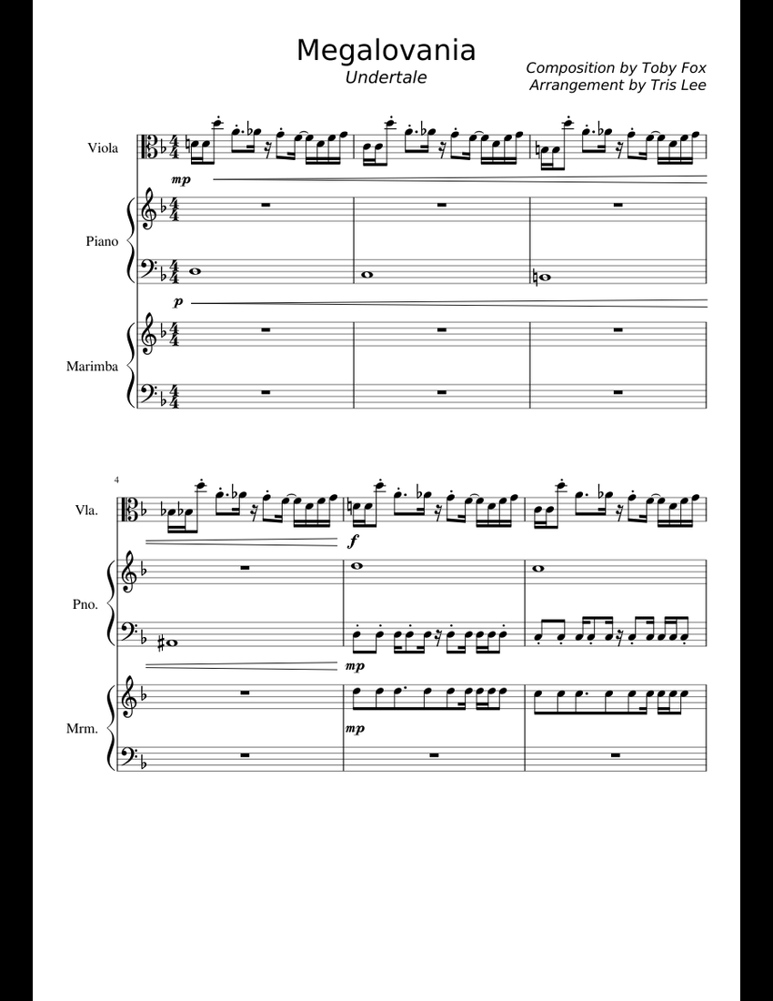 Megalovania sheet music for Piano, Viola, Percussion download free in PDF or MIDI