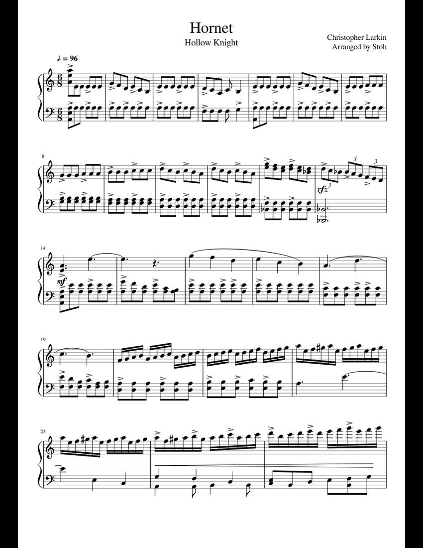 Hollow Knight - Hornet sheet music for Piano download free in PDF or MIDI