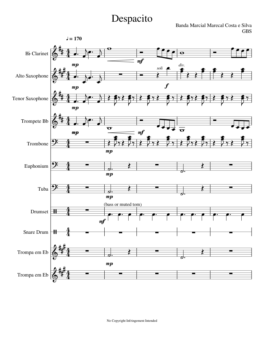 Despacito Sheet music for Clarinet, Alto Saxophone, Tenor Saxophone ...