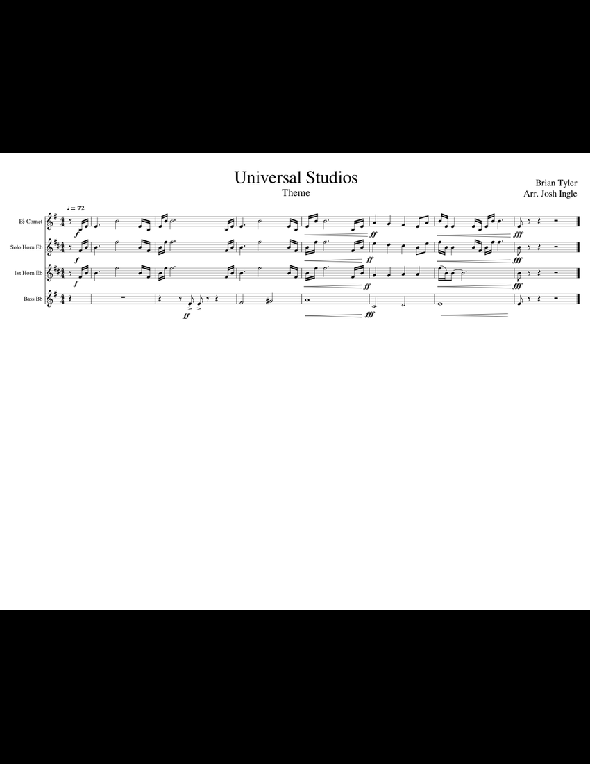 Universal Studios theme Brass Quartet sheet music for French Horn, Tuba ...