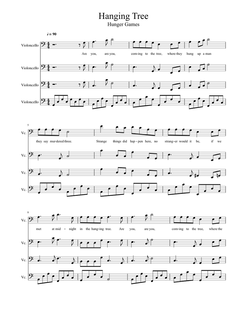 The Hanging Tree from the Hunger Games Mockingjay for four cellos Sheet ...