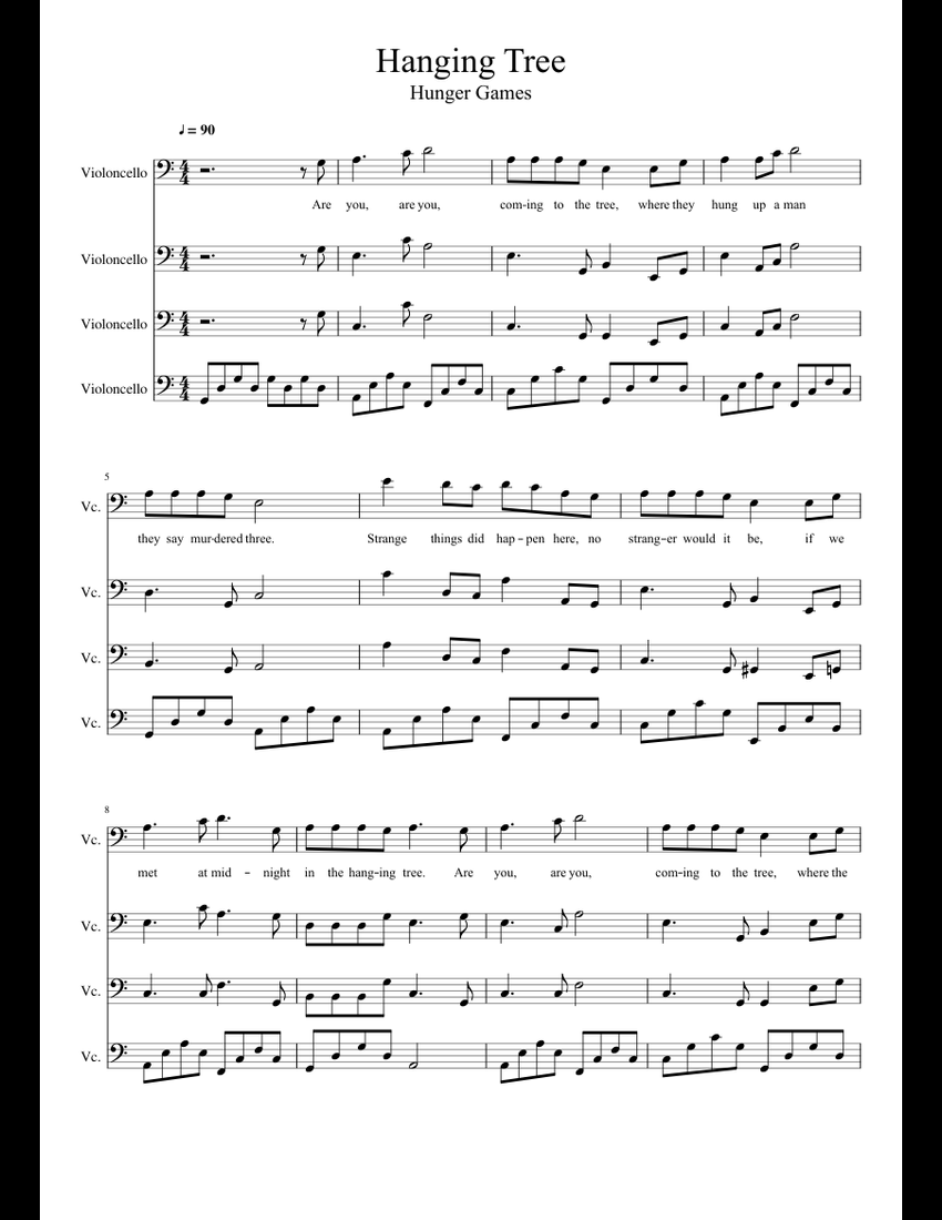 The Hanging Tree from the Hunger Games Mockingjay for four cellos sheet ...