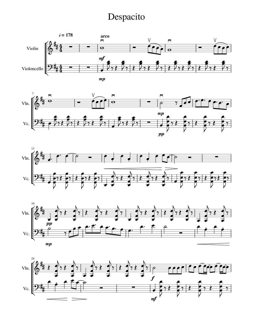 Despacito Sheet music for Violin, Cello | Download free in PDF or MIDI ...