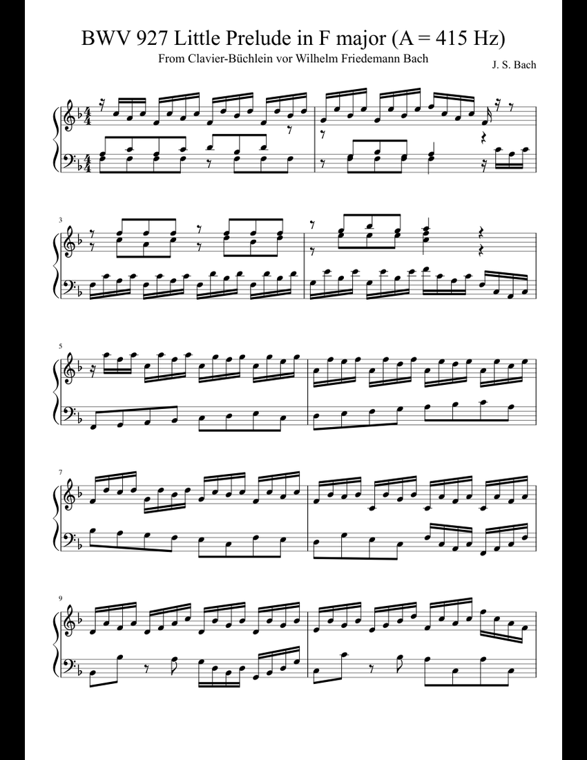 BWV 927 Prelude in F major (A = 415 Hz) sheet music for Harp download ...