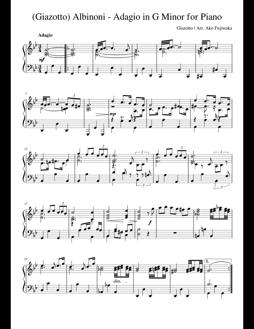 (Giazotto) "Albinoni - Adagio in G Minor" for Piano Solo sheet music for Piano download free in ...